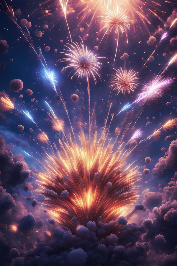 Celestial Fireworks in the Night Sky, Explosion Fire on Abstract ...