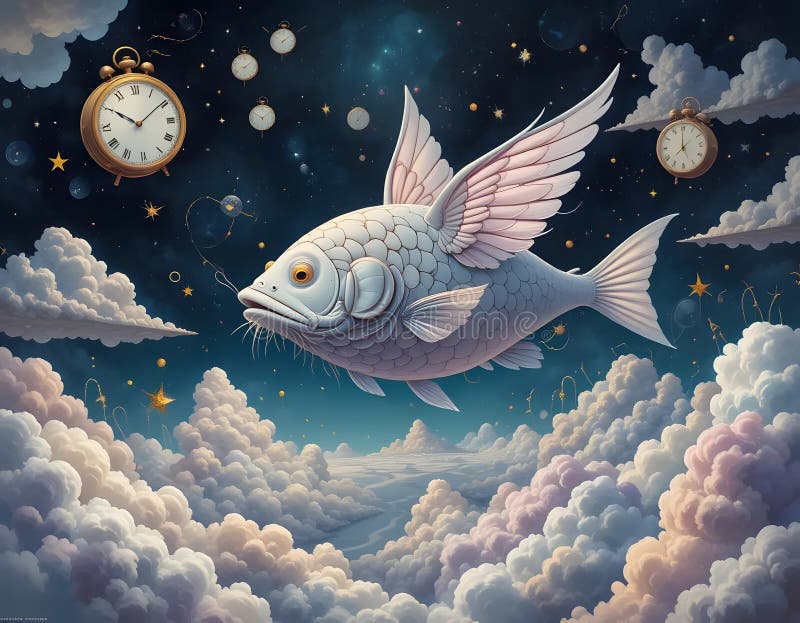Celestial Flight of the Winged Fish among the Clouds and Stars Stock ...