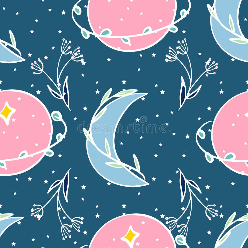 Celestial Florals Vector Repeat Pattern Design on Blue Background Stock ...