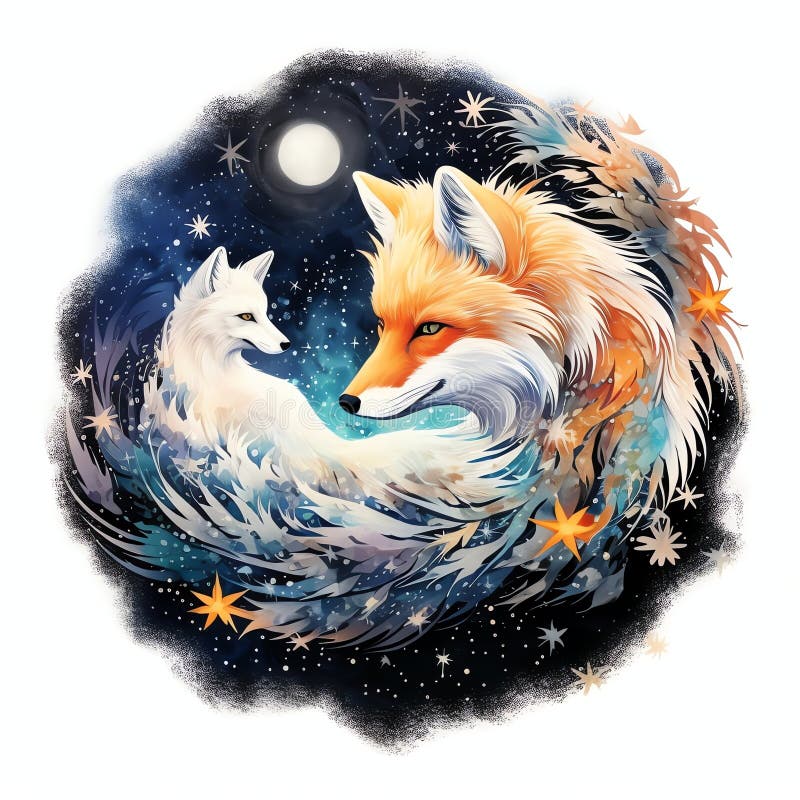 Celestial Foxfire Fantasy Sky Night Gazing Watercolor Stock ...