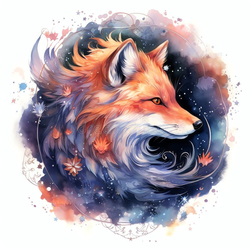 Celestial Foxfire Fantasy Sky Night Gazing Watercolor Stock ...