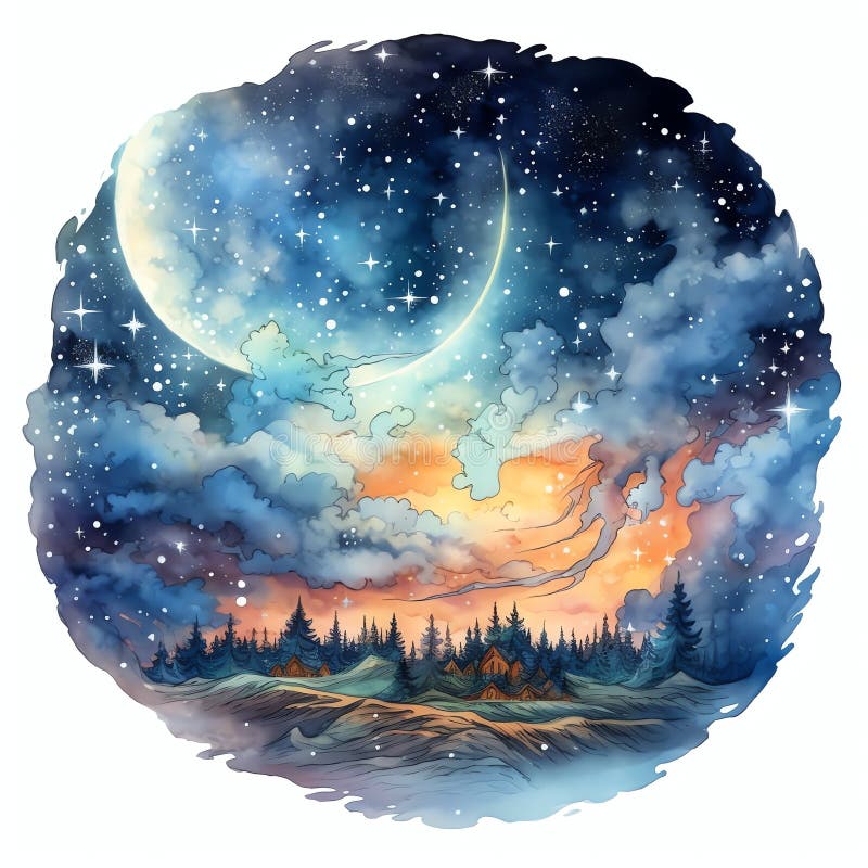 Celestial Foxfire Fantasy Sky Night Gazing Watercolor Stock ...