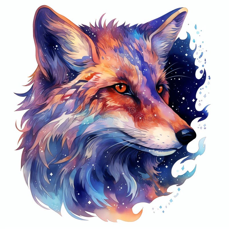 Celestial Foxfire Fantasy Sky Night Gazing Watercolor Stock ...