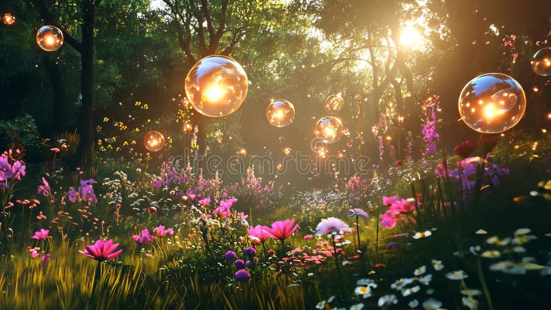 A Celestial Garden with Glowing Orbs Floating among the Flowers and ...