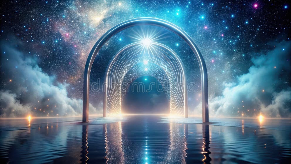 Celestial Gateway a Serene Aquatic Reflection of Illuminated Arches ...