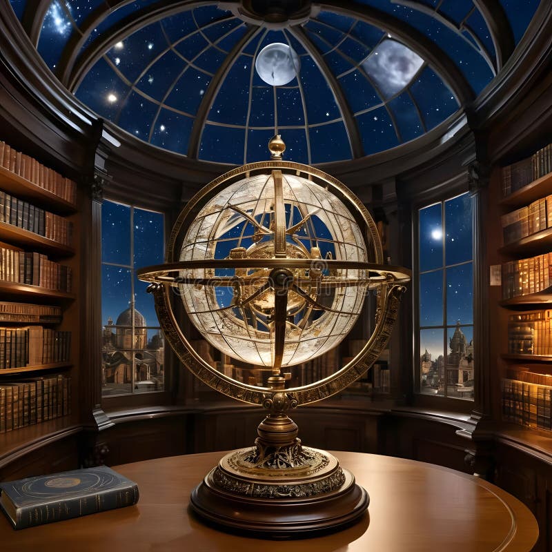 Celestial Globe in a Starlit Library: a Nocturnal Study of Knowledge and Exploration Stock Image ...