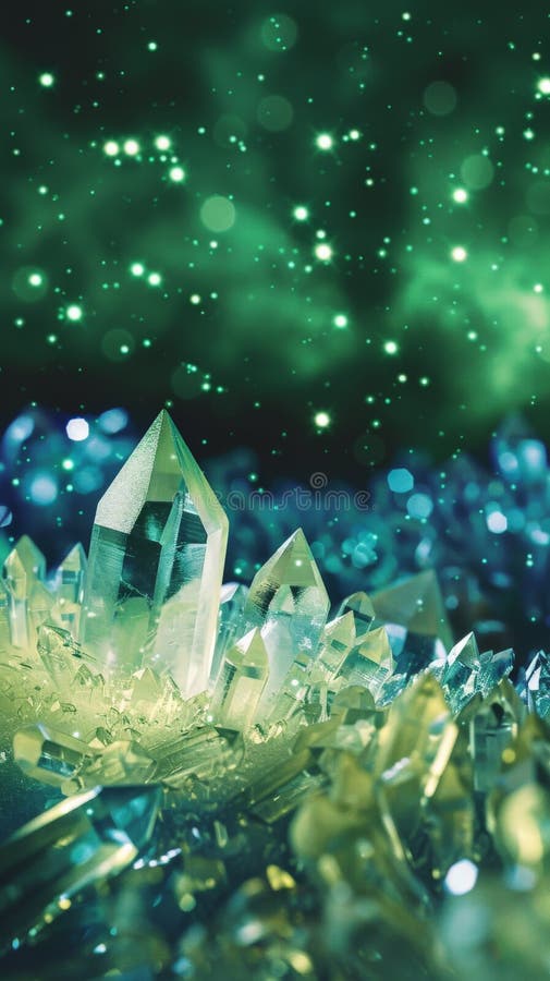 Celestial Green Crystal Formation with Sparkling Starry Background ...