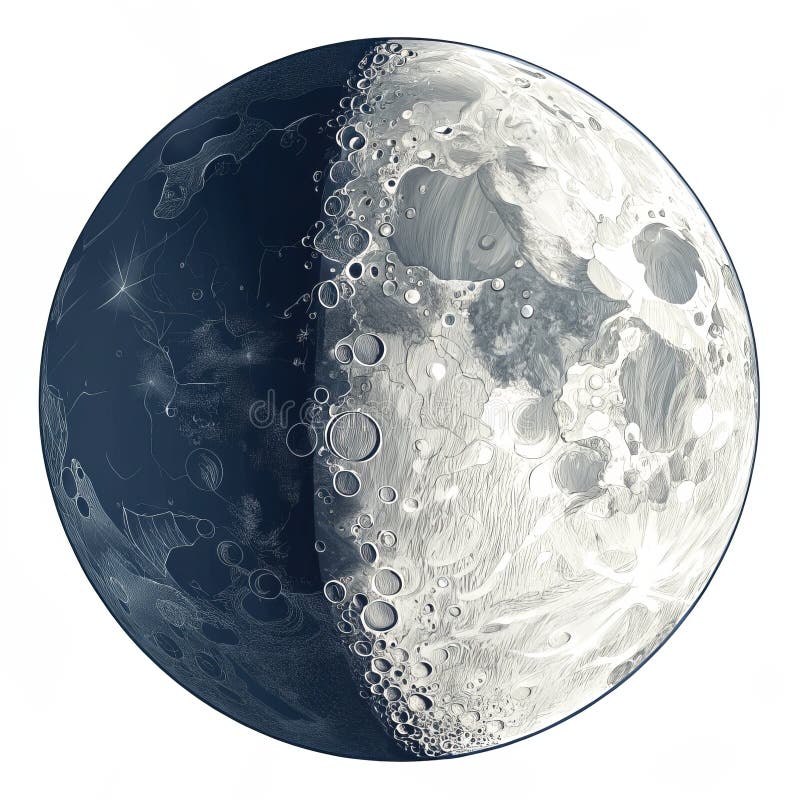 Celestial Half-Moon Blue and White Sketch, Lunar Art, Space, Moon ...