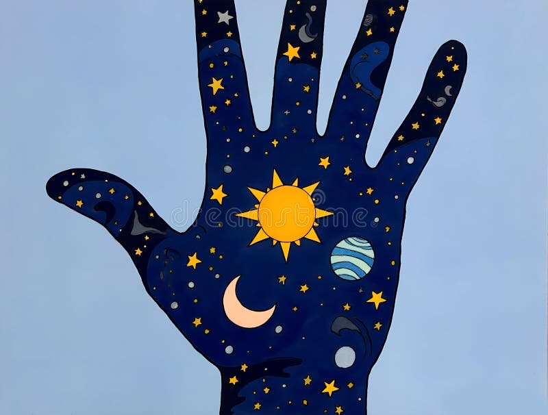 Celestial Hand Artwork Featuring Planets and Stars Designed in a ...