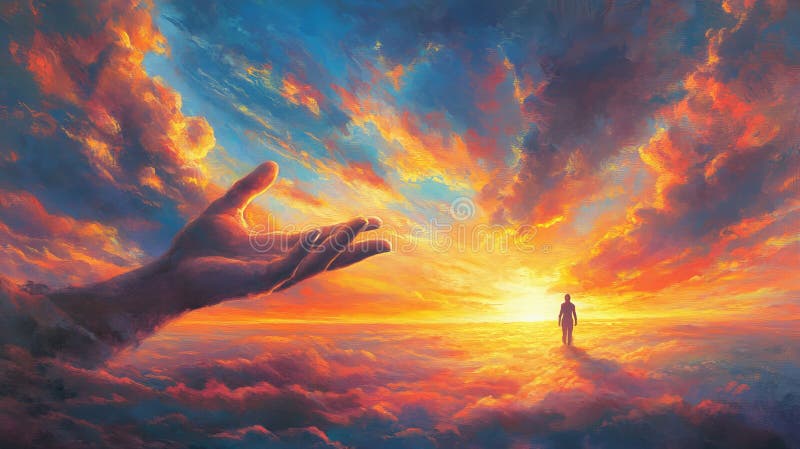 A Celestial Hand Reaching Down To a Kneeling Figure Beneath a Stunning ...