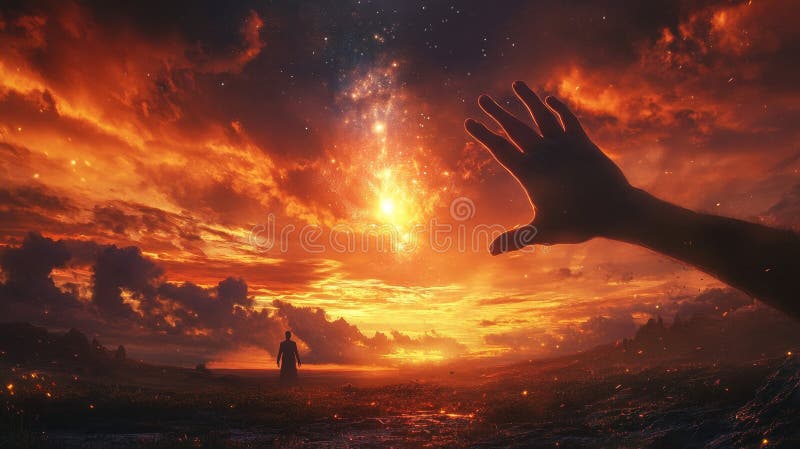 A Celestial Hand Reaching Out To a Kneeling Figure Beneath a Striking ...