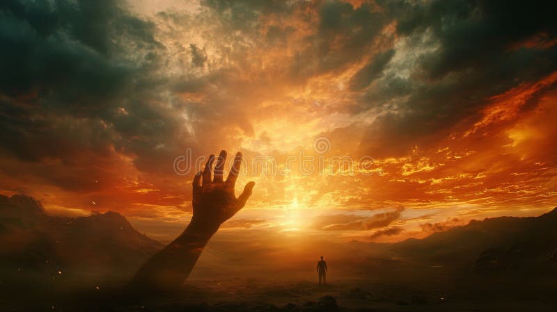 A Celestial Hand Reaching Toward a Kneeling Figure Beneath a Striking ...