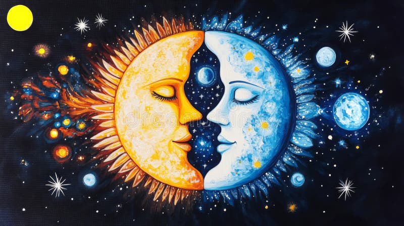 Celestial Harmony Depicted through Sun and Moon Faces in Vibrant Cosmic ...