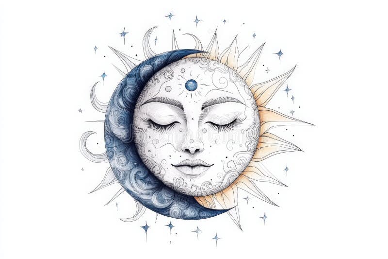 Celestial Harmony: Sun and Moon with Female Face in Ethereal Art Stock ...