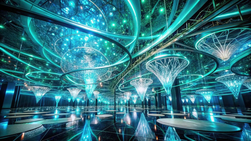 A Celestial Interior Design Featuring an Array of Ethereal, Conical Light Fixtures Suspended ...