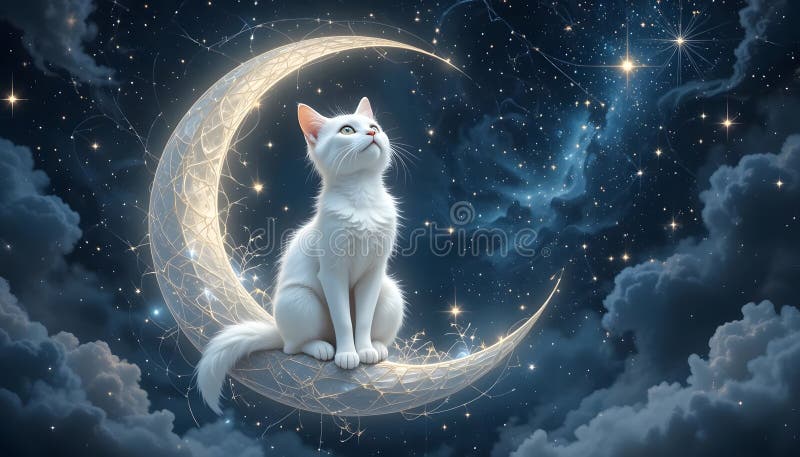 Celestial Kitten: a White Cat on a Crescent Moon. Generative AI Stock ...