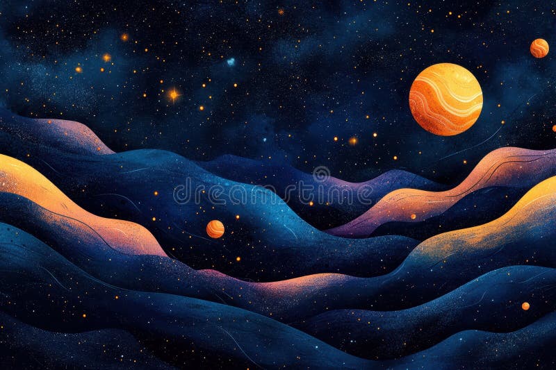 Celestial Landscape Orange Planets Starry Night Cosmic Hillscape Stock ...