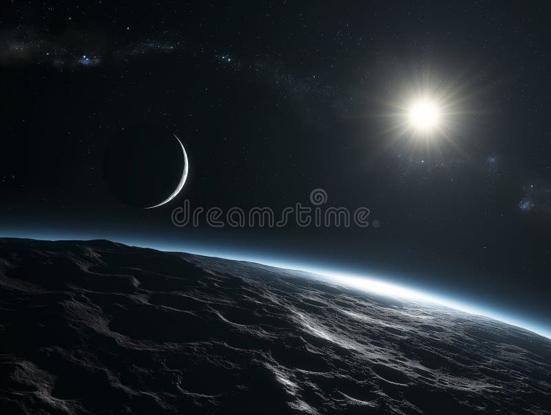 Celestial Landscape with Sun and Crescent Moon Stock Image - Image of ...