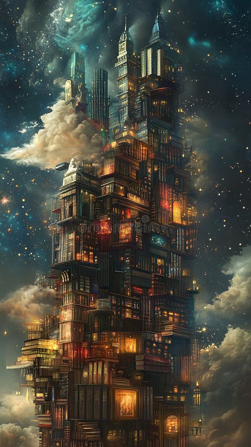 A Celestial Library Tower among the Clouds Stock Image - Image of high ...