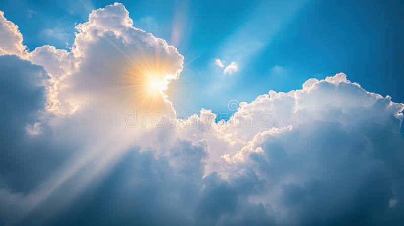 Celestial Light Radiant Sunbeams Bursting Fluffy Clouds Bright Blue Sky Stock Photos - Free ...