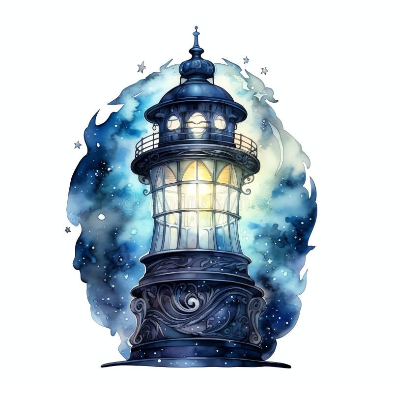 Celestial Lighthouse Lantern Fantasy Sky Night Gazing Watercolor Stock ...