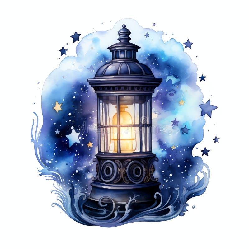 Celestial Lighthouse Lantern Fantasy Sky Night Gazing Watercolor Stock ...