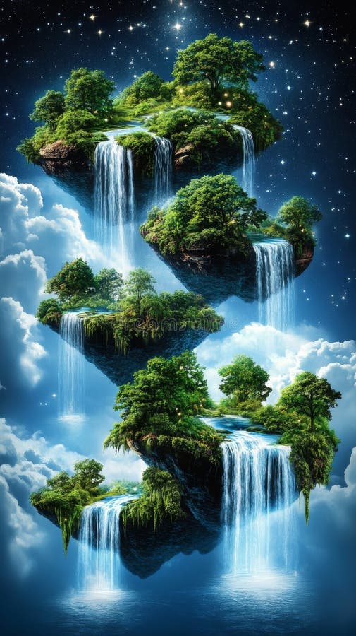 Celestial Lights Over a Dreamlike Floating Island Treescape Stock Photo ...