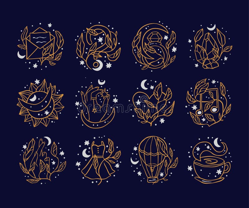 Celestial Magic Gold Icon Set. Logo Vector Illustration Stock Vector ...