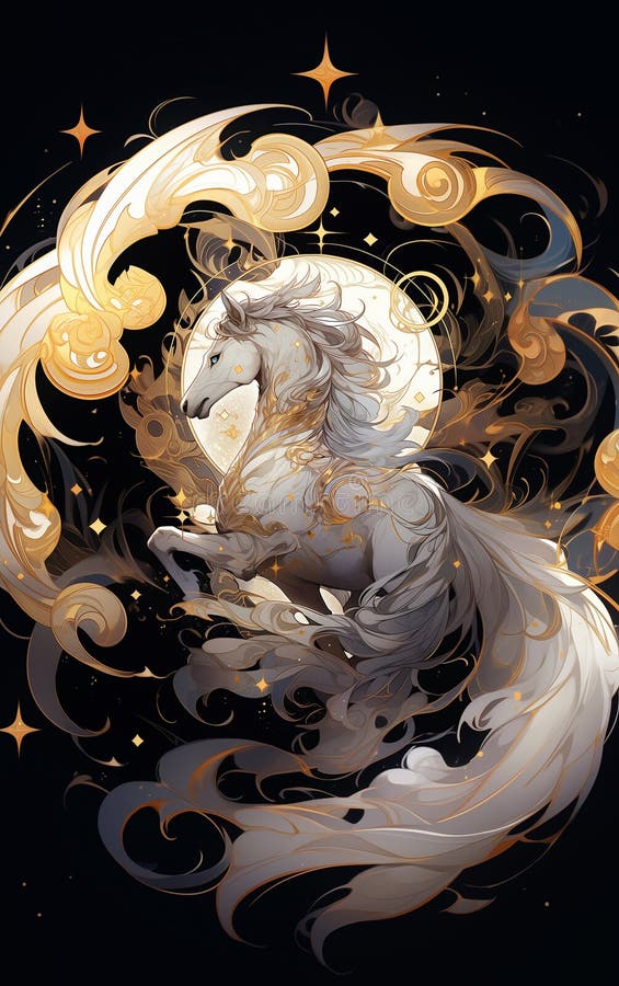 Celestial Magic Horse, Gray Color and Gold Line. Stock Illustration ...