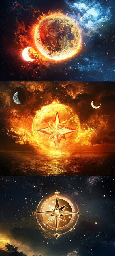 Celestial Montage: Sun, Moon, Seven-Pointed Star, Beautiful Lighting ...