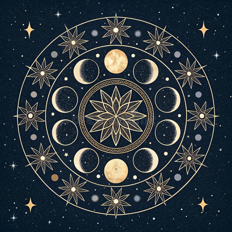 Celestial Moon Phase Mandala with Stars and Cosmic Elements Stock Illustration - Illustration of ...