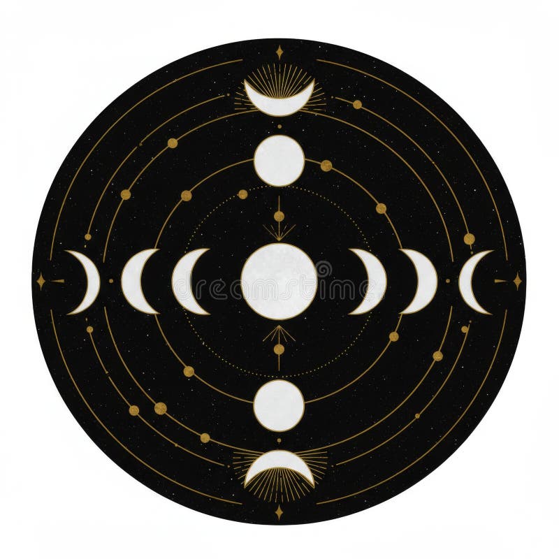 Celestial Moon Phases Circle in Gold and Black Stock Illustration ...