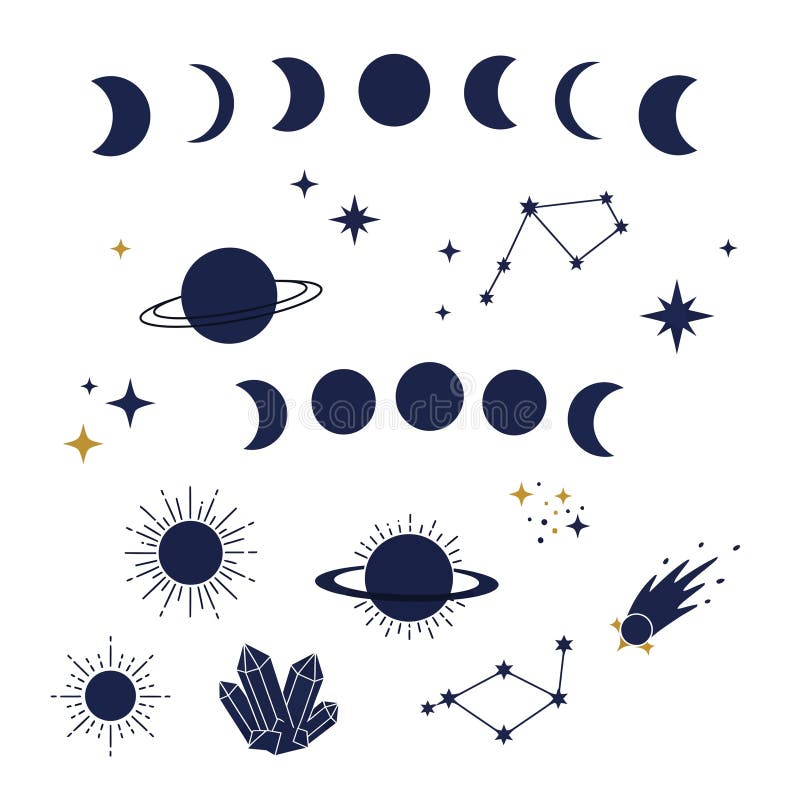 Celestial Moon Phases with Stars, and Constellations Clipart Stock ...