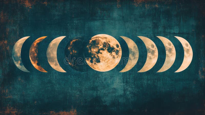 Celestial Moon Phases in Teal Night Sky Stock Illustration ...