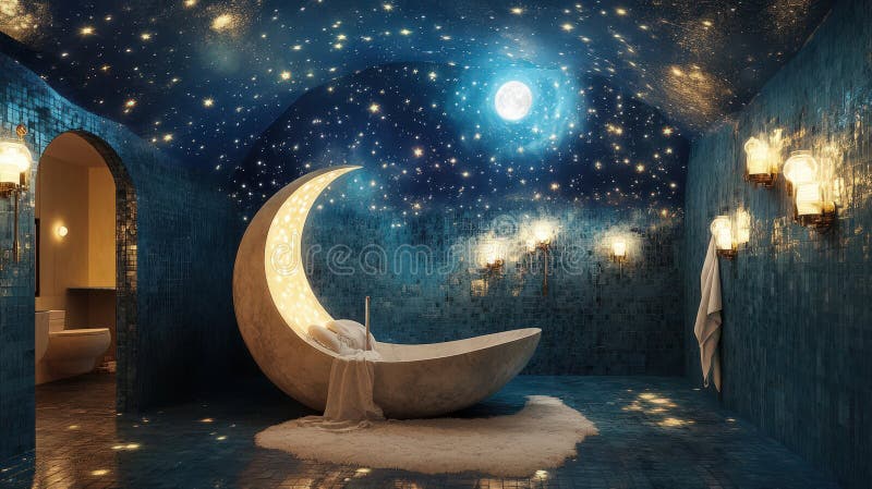 Celestial Moonlit Bathroom Featuring a Crescent Bath Stock Image ...