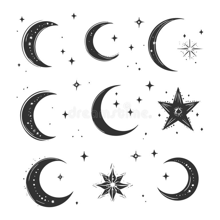 Celestial Moons and Stars: Nine Unique Lunar and Stellar Designs Stock ...