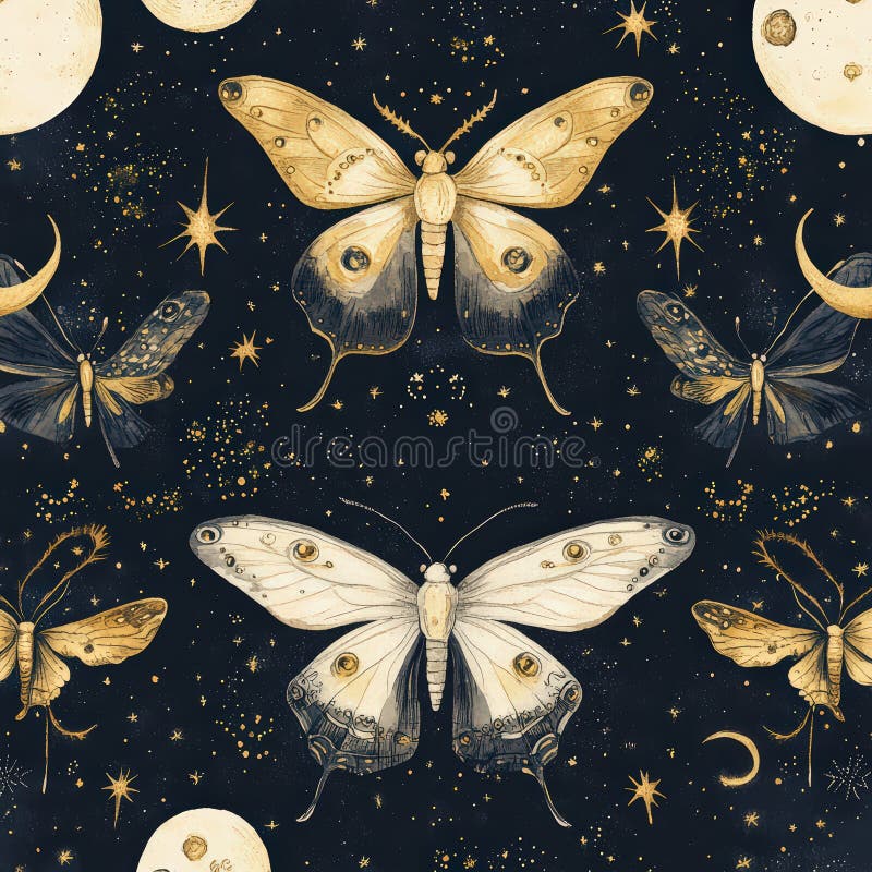 Celestial Moths and Stars Pattern on Dark Night Sky Background Stock Photo - Image of aesthetics ...