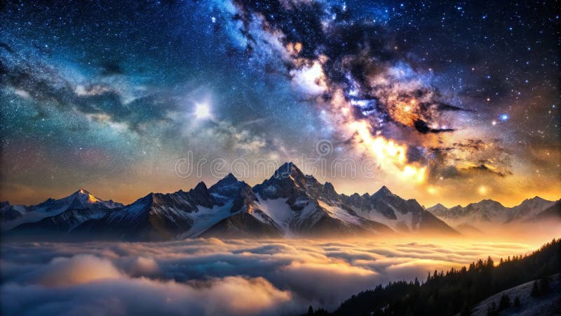 Celestial Mountainscape a Dramatic Night Scene of Snow-capped Peaks Soaring Above a Sea of ...