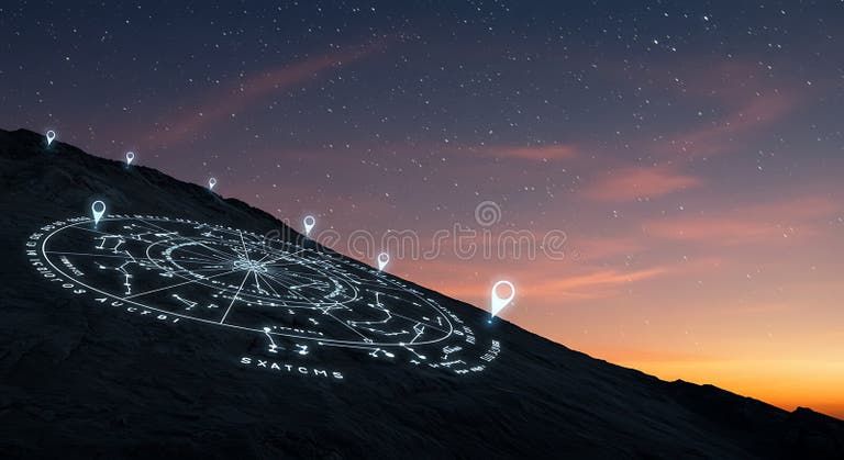 Celestial Navigation Map Projected on Mountainside at Night Stock ...