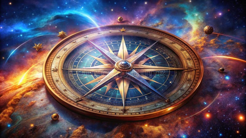 Celestial Navigation an Ornate Compass Guides through a Cosmic Nebula ...