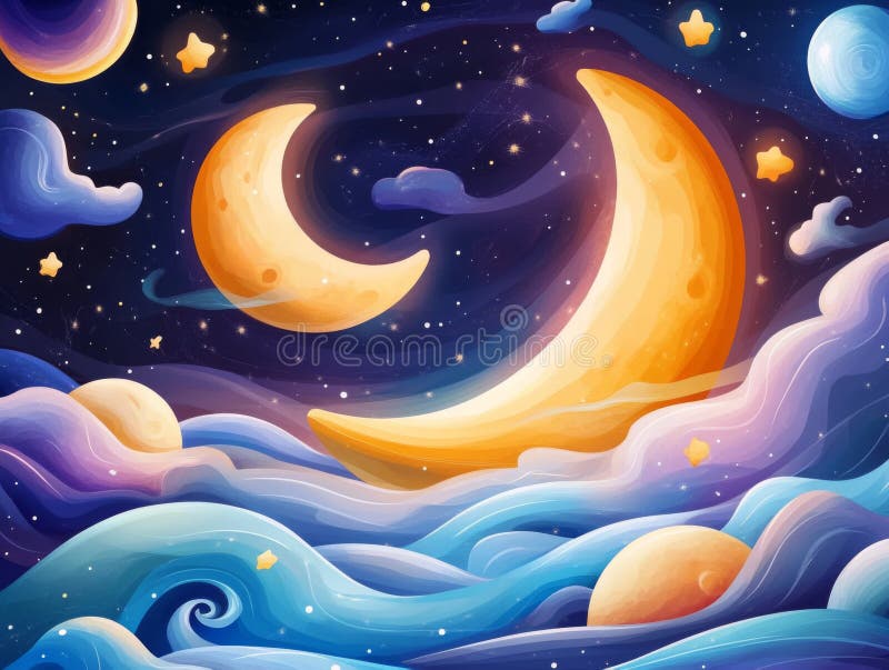 Celestial Night with Glowing Moons and Stars Amidst Colorful Clouds and ...