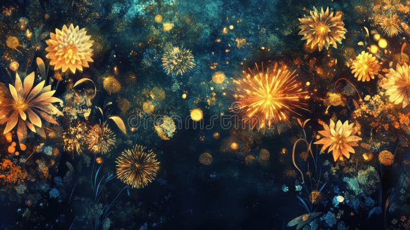 Celestial Night with Golden Flowers and Fireworks Over Starry Sky Stock ...