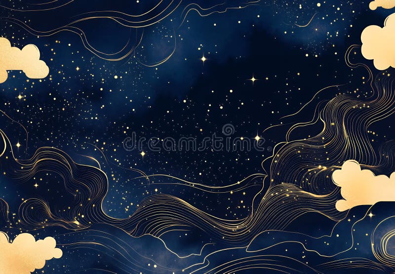 Celestial Night Sky Abstract Background Gold Lines Stars Clouds Galaxy ...