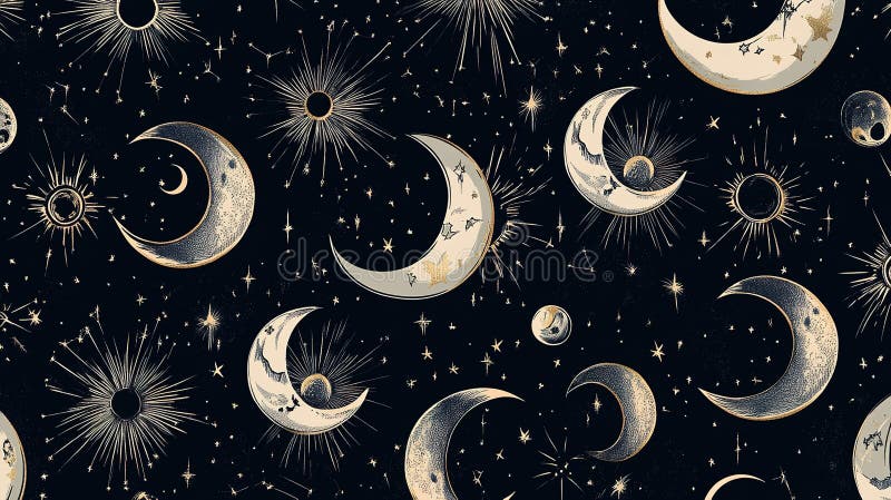 Celestial Night Sky Pattern Featuring Moon Phases and Radiant Stars in ...