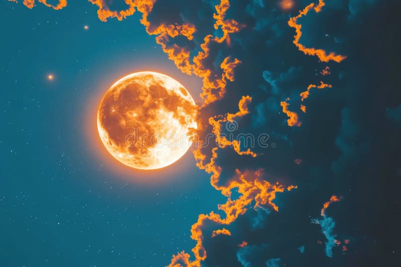 Celestial Nightscape: Full Moon with Glowing Clouds Under Starry Sky ...