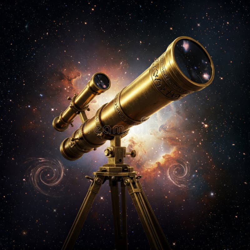 Celestial Observation through a Golden Telescope Stock Illustration ...