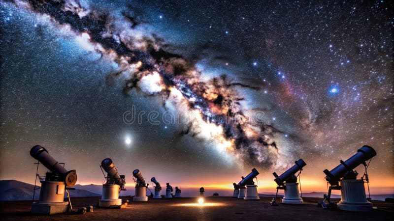 Celestial Observation Telescopes Silhouetted Against a Vibrant Milky ...