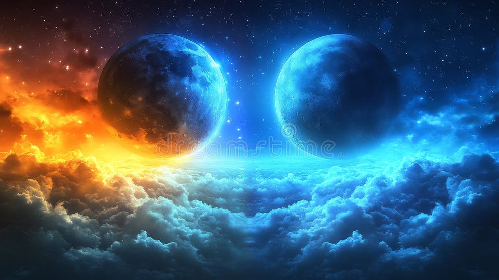 Celestial Opposition, Two Moons with Clouds of Fire and Ice, Planets ...
