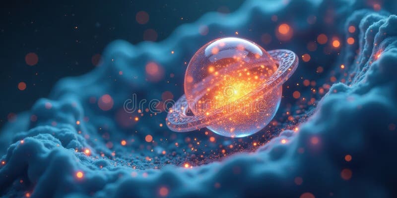 Celestial Orb a Glowing Sphere with Rings Rests on a Dusty, Iridescent ...