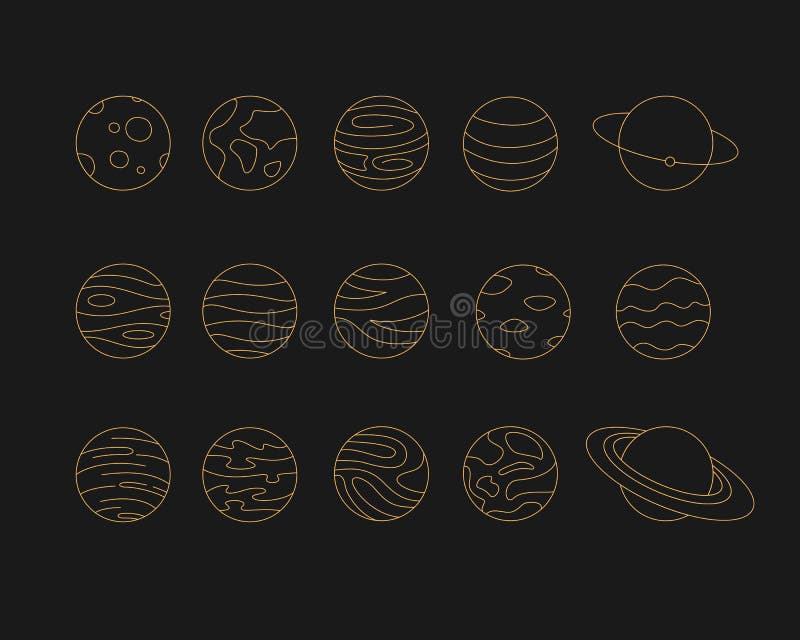 Celestial Outline Set Gold Planets Stock Vector - Illustration of black ...